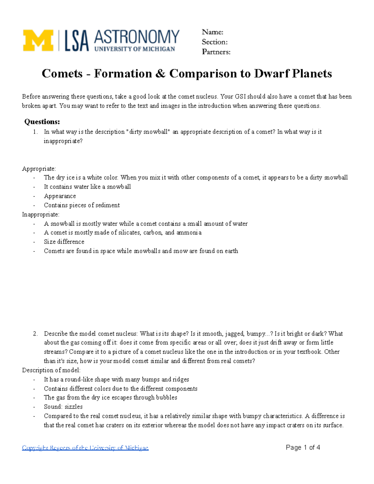 ASTRO101 Lab #8- Comets - Comets - Formation & Comparison to Dwarf ...
