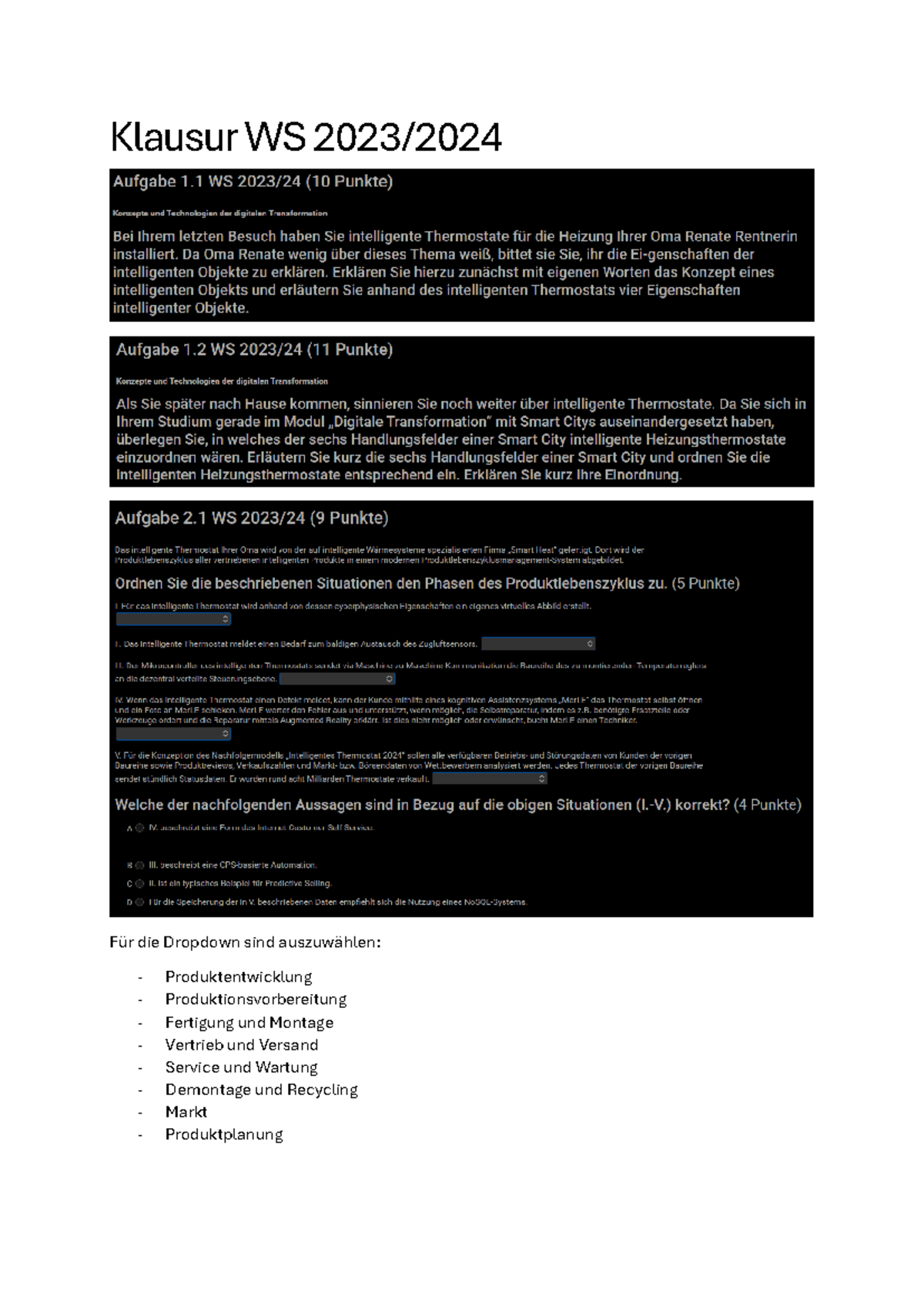 31951 WS2324 Altaufgaben - Digitale Transformation - Klausur WS 2023/ Für die Dropdown sind ...
