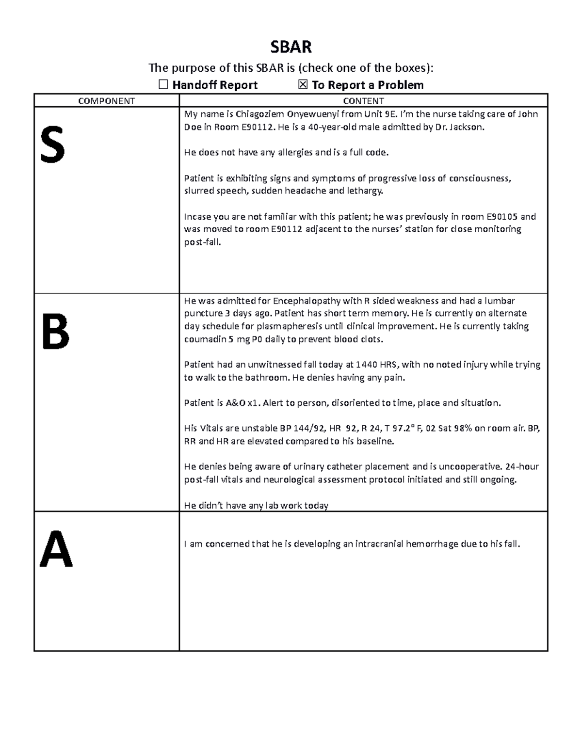 SBAR for submission - SBAR report - SBAR The purpose of this SBAR is ...