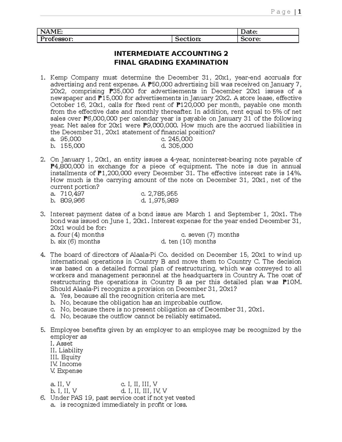 Final- Grading-EXAM 2021 - NAME: Date: Professor: Section: Score ...