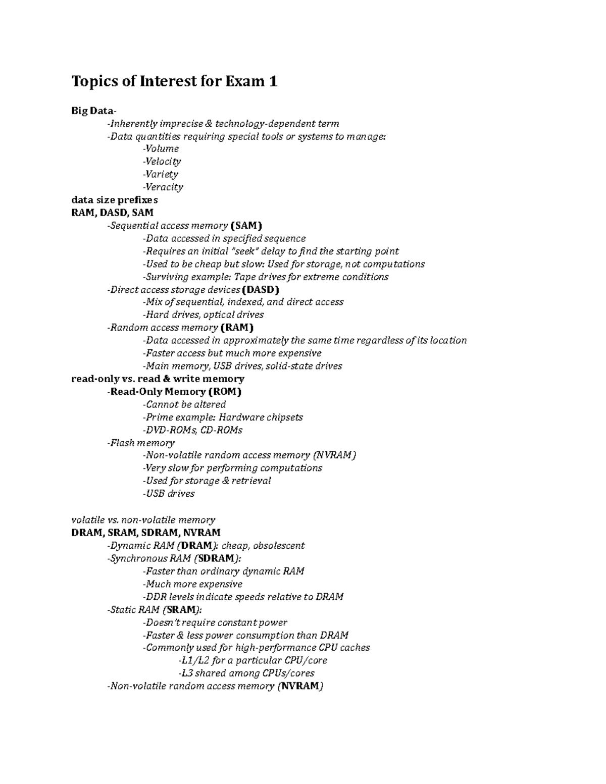 Exam 1 topics of interest - Topics of Interest for Exam 1 Big Data ...