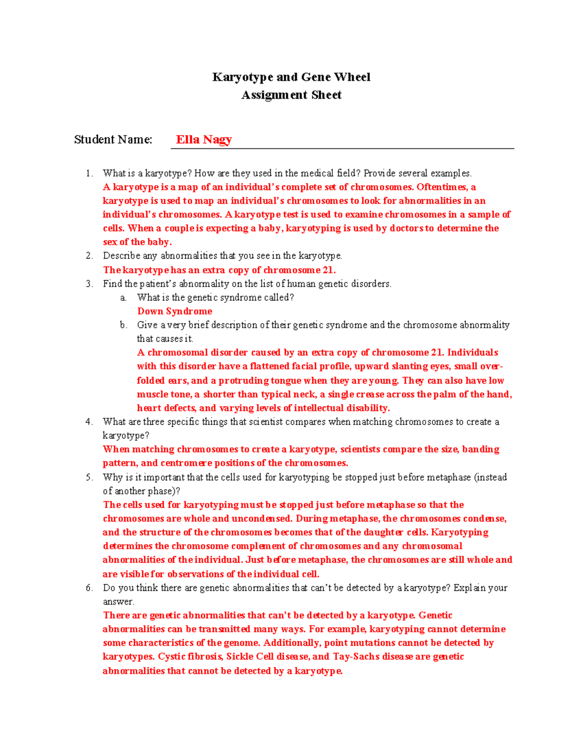BIO 105 Karyotype and Gene Wheel Assignment Sheet - Karyotype and Gene ...