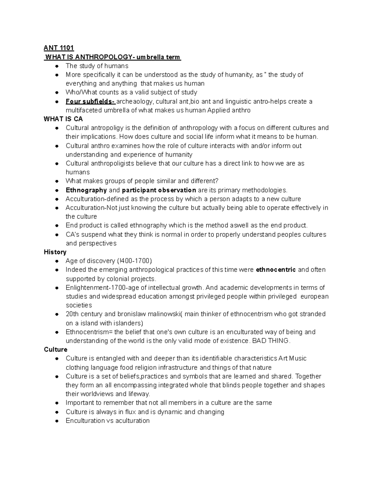 Anthro Notes - ANT 1101 WHAT IS ANTHROPOLOGY- umbrella term The study ...