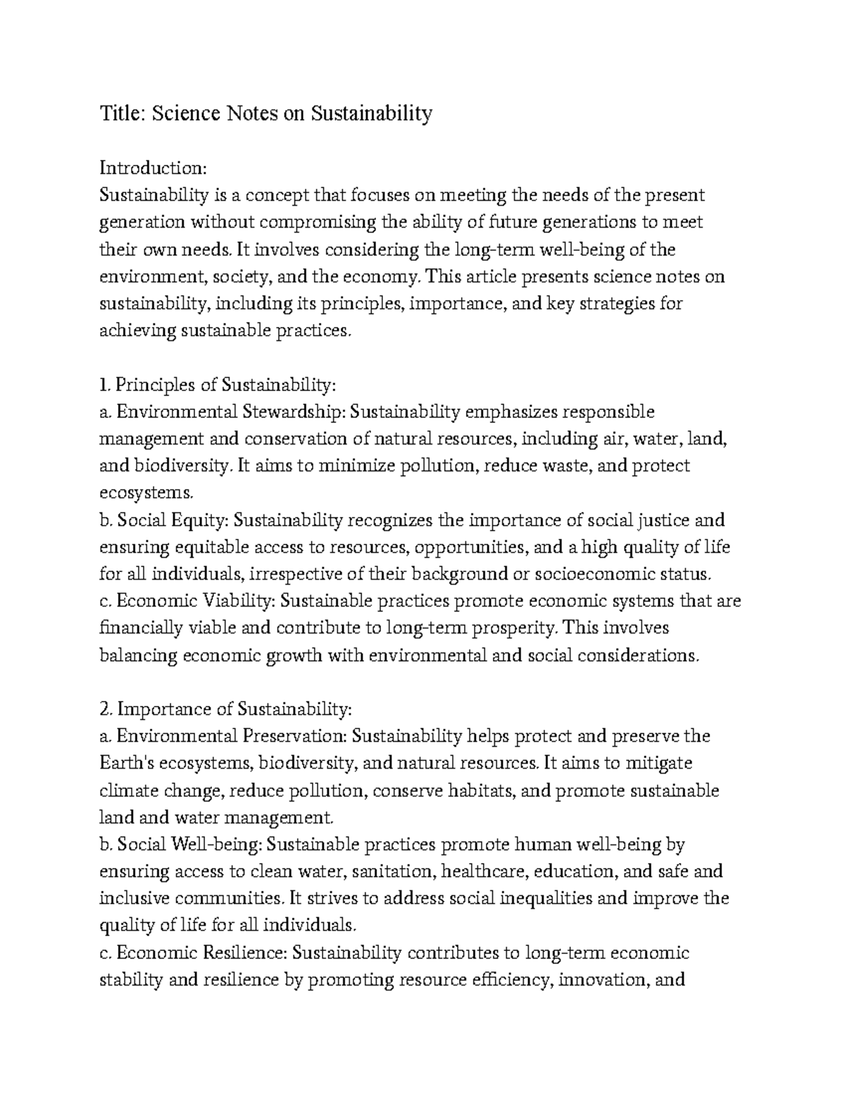 Title Science Notes on Sustainability - Title: Science Notes on ...