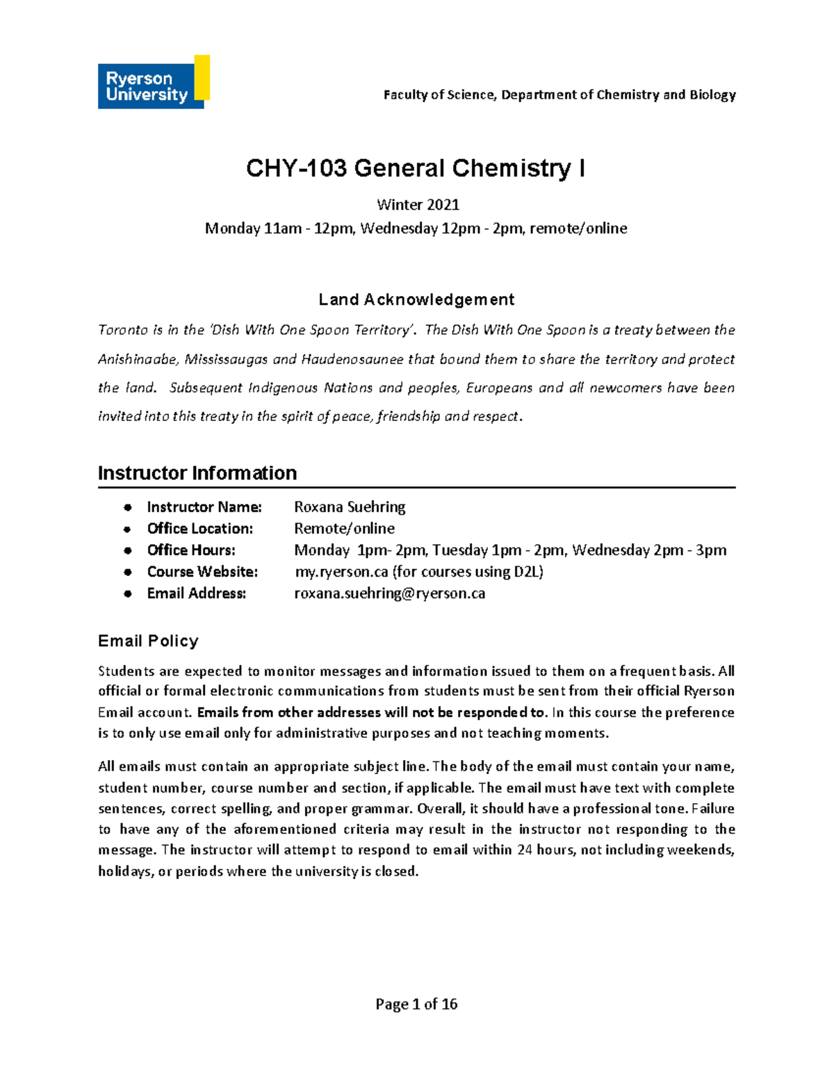 Course Outline CHY 103 Winter 2021 - Faculty of Science, Department of ...
