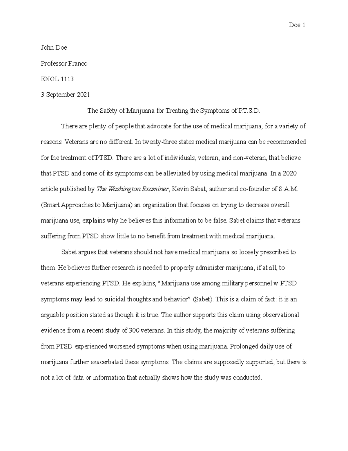 Example Textual Analysis 1 - John Doe Professor Franco ENGL 1113 3 ...