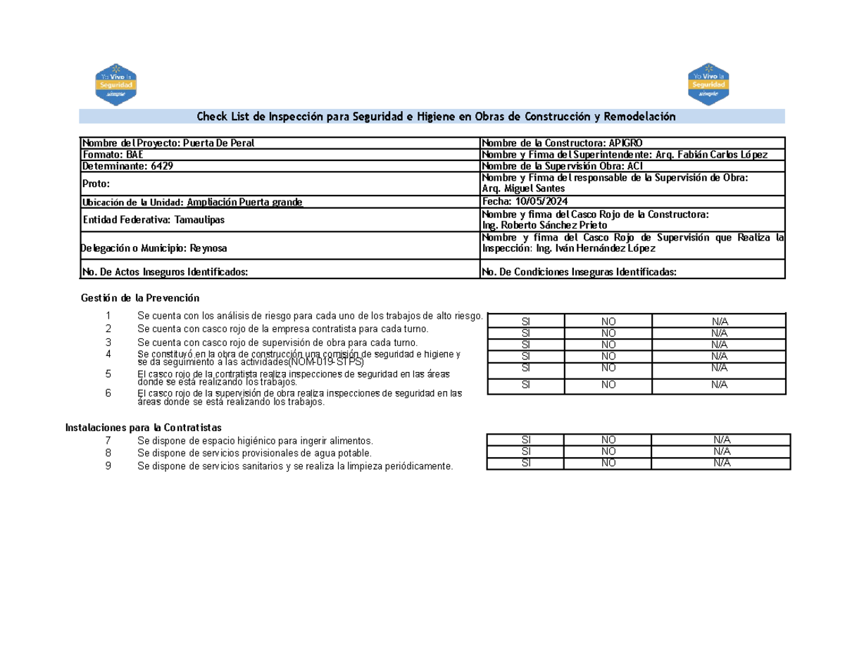 04 Check List semanal S&H - Check List de Inspección para Seguridad e ...