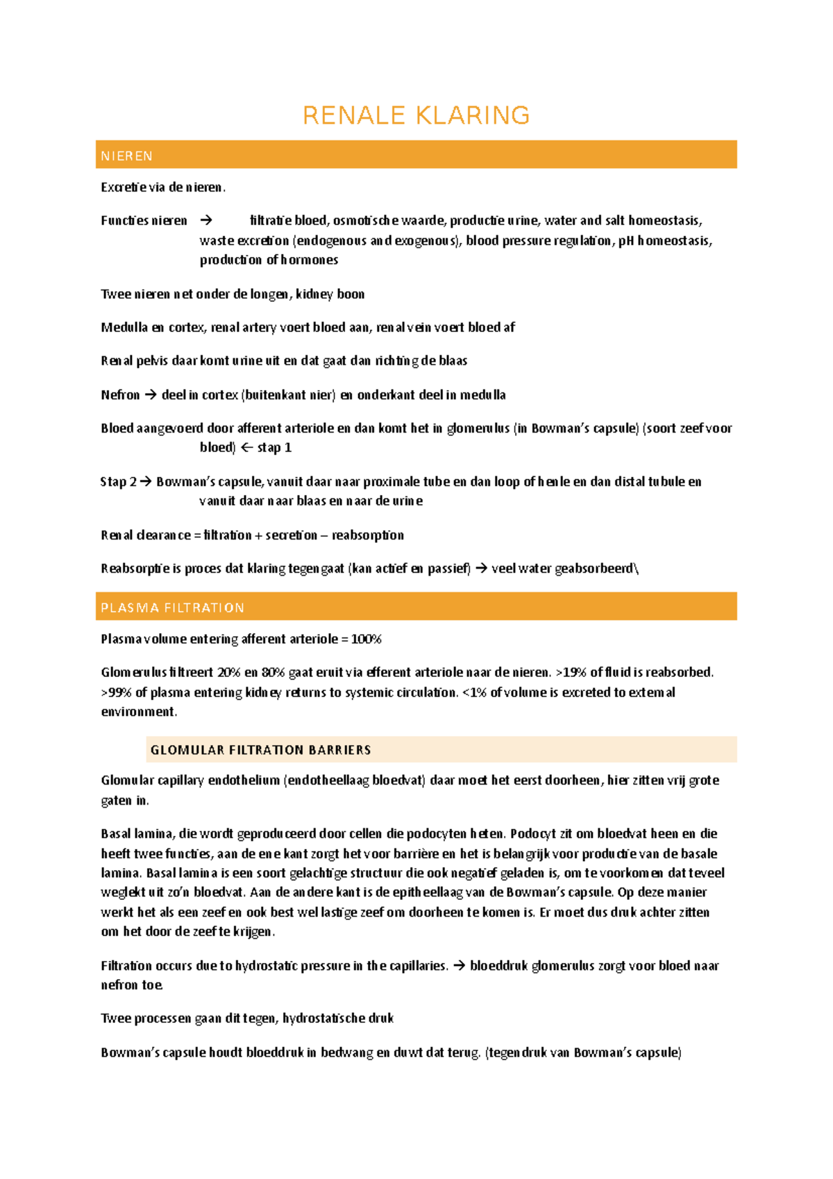 Hoorcollege renale klaring - RENALE KLARING NIEREN Excretie via de ...