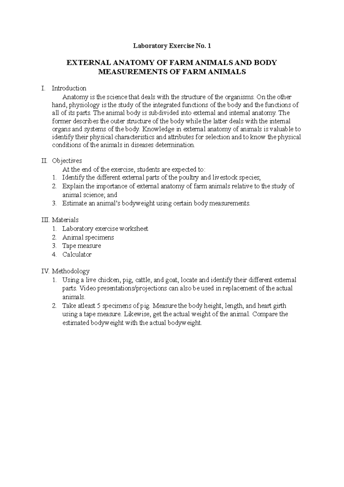 Lab Exercise 1 Laboratory Exercise No 1 EXTERNAL ANATOMY OF FARM 