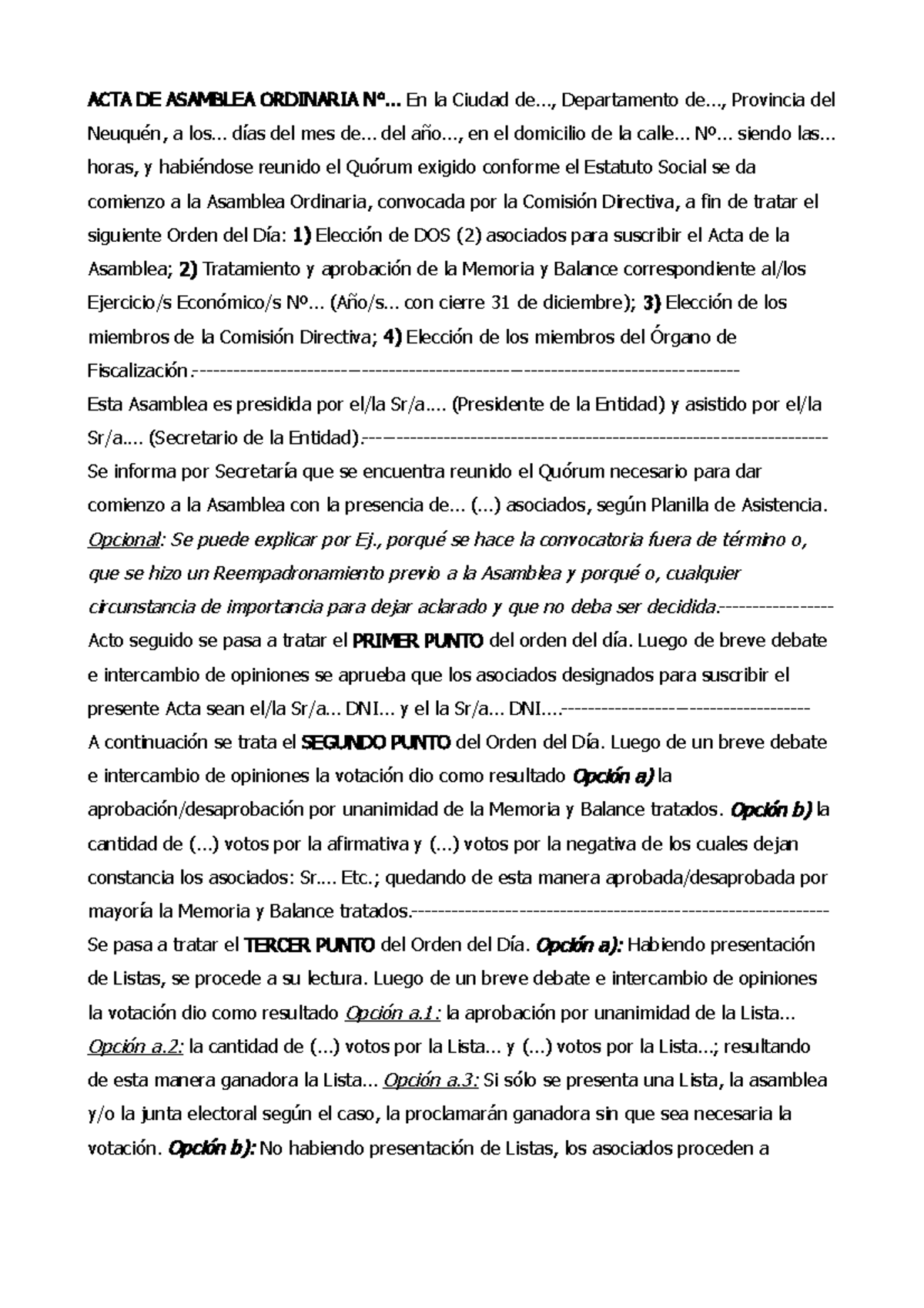 Modelo DE Asamblea Ordinaria 1 - ACTA DE ASAMBLEA ORDINARIA N°... En la Ciudad de ...