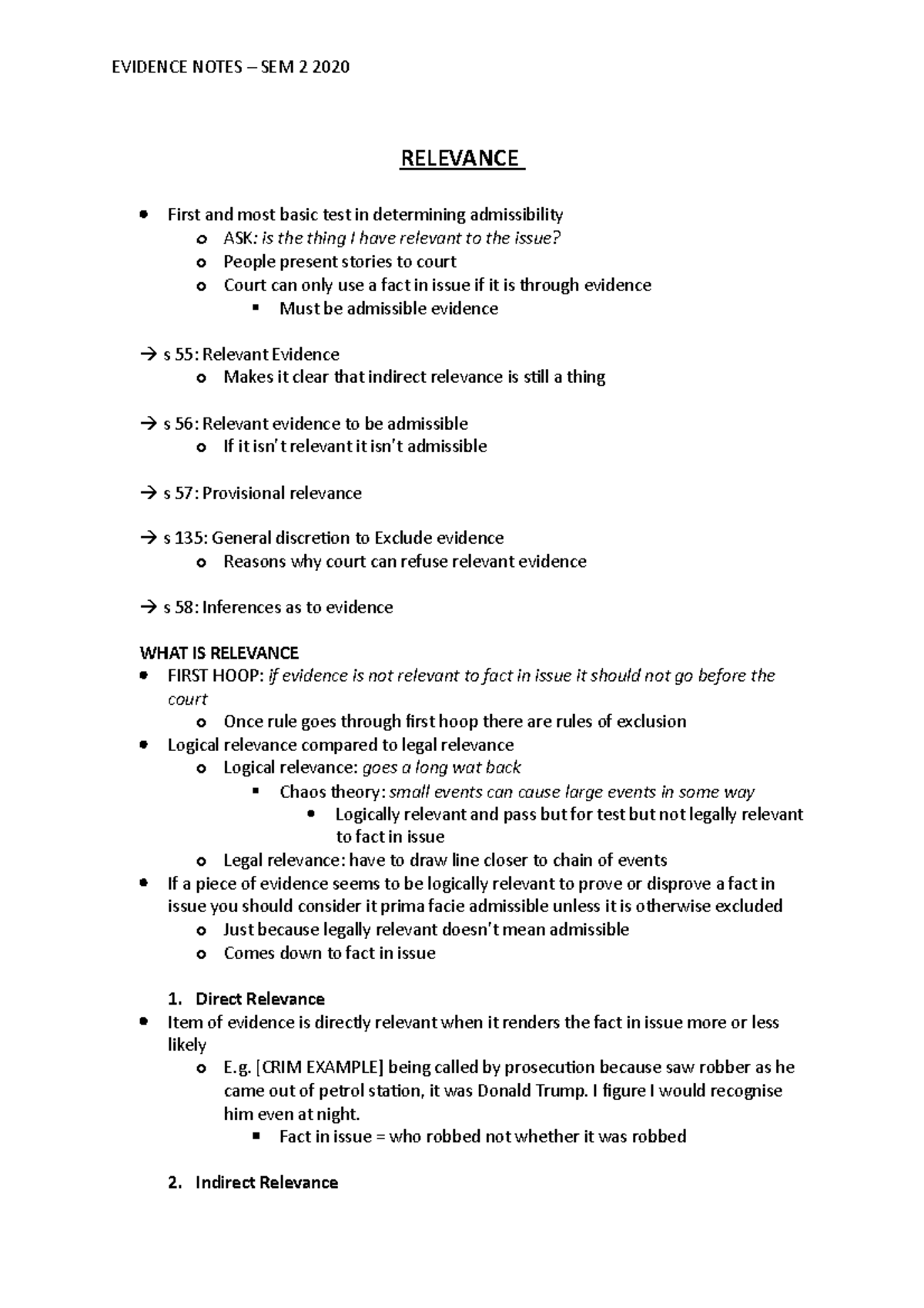 EVIDENCE EXAM NOTES - RELEVANCE First and most basic test in ...