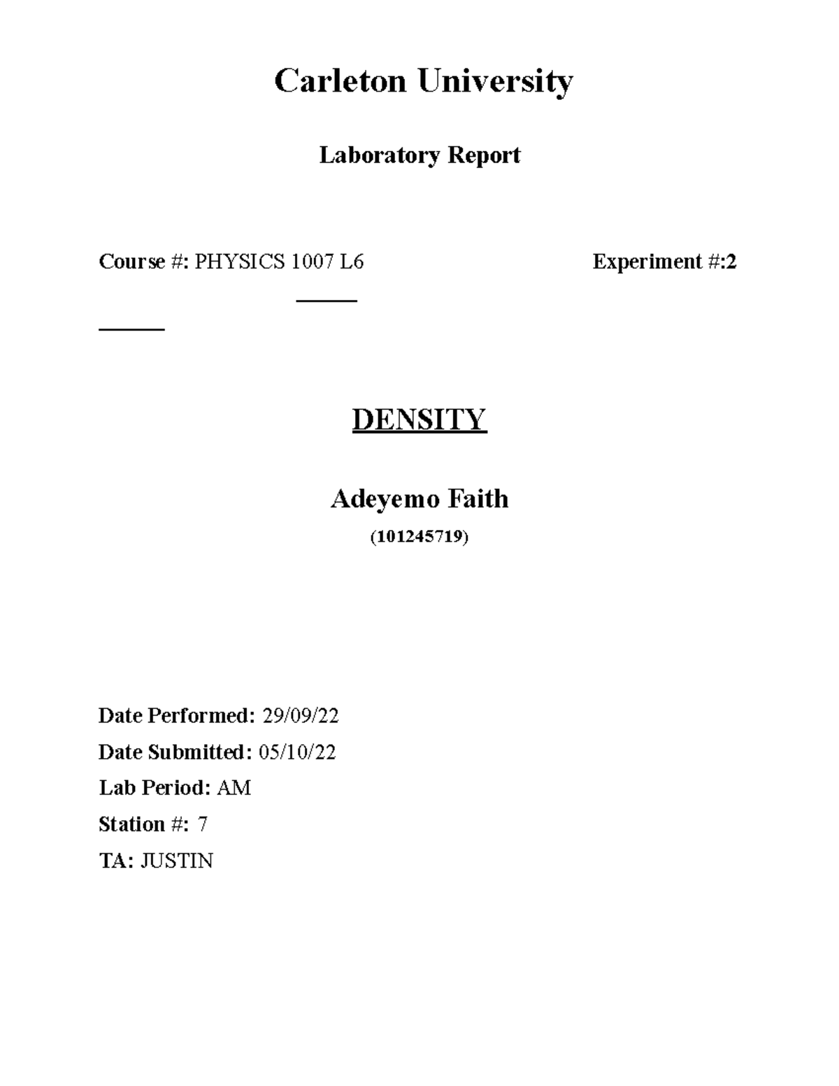 Density Report Template - Carleton University Laboratory Report ...