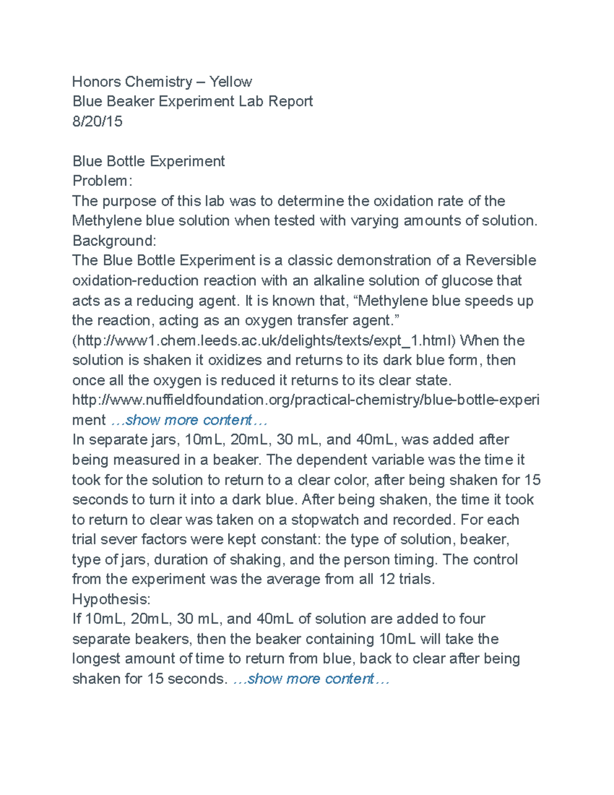 Blue Beaker Lab Report - Summary Introduction to Essay Writing - Honors ...