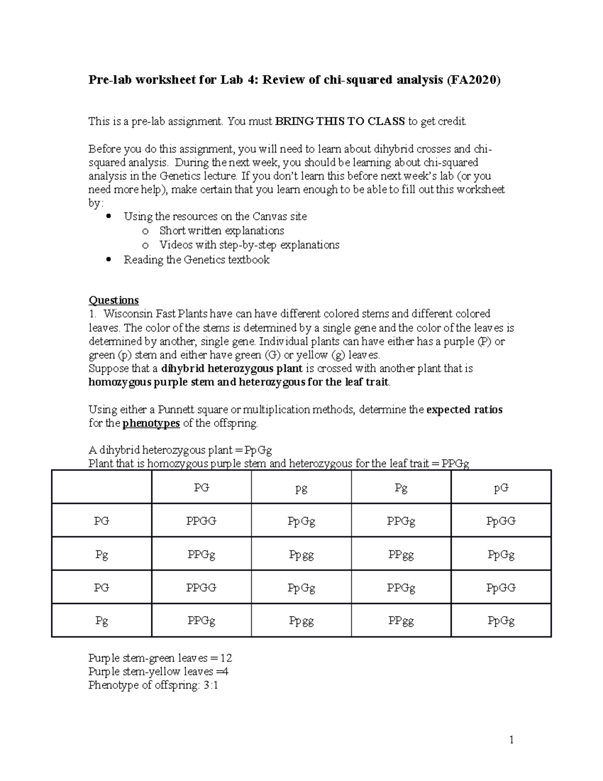 Pre-lab Assignment-Lab 4 - Pre-lab worksheet for Lab 4: Review of chi-squared analysis (FA2020 ...