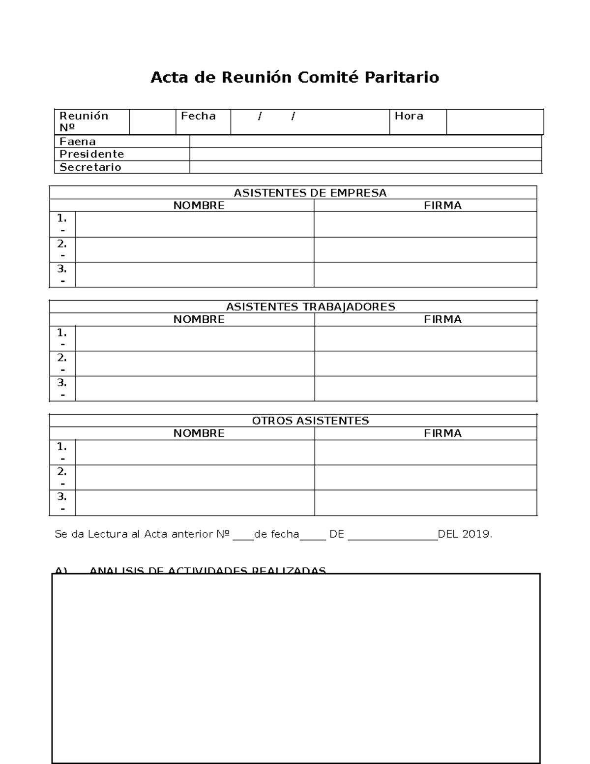 Formato TIPO ACTA Reunion Comite Paritario - Acta de Reunión Comité ...