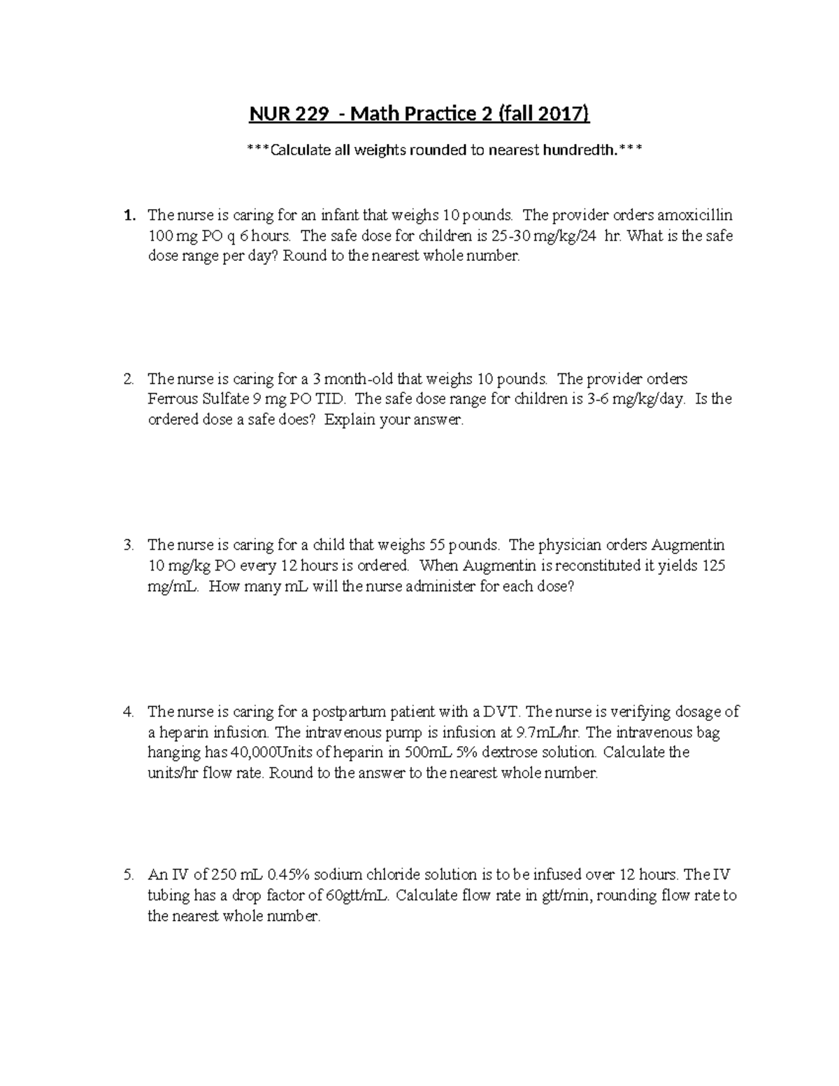 2nd math practice - fall 2017 - NUR 229 - Math Practice 2 (fall 2017 ...