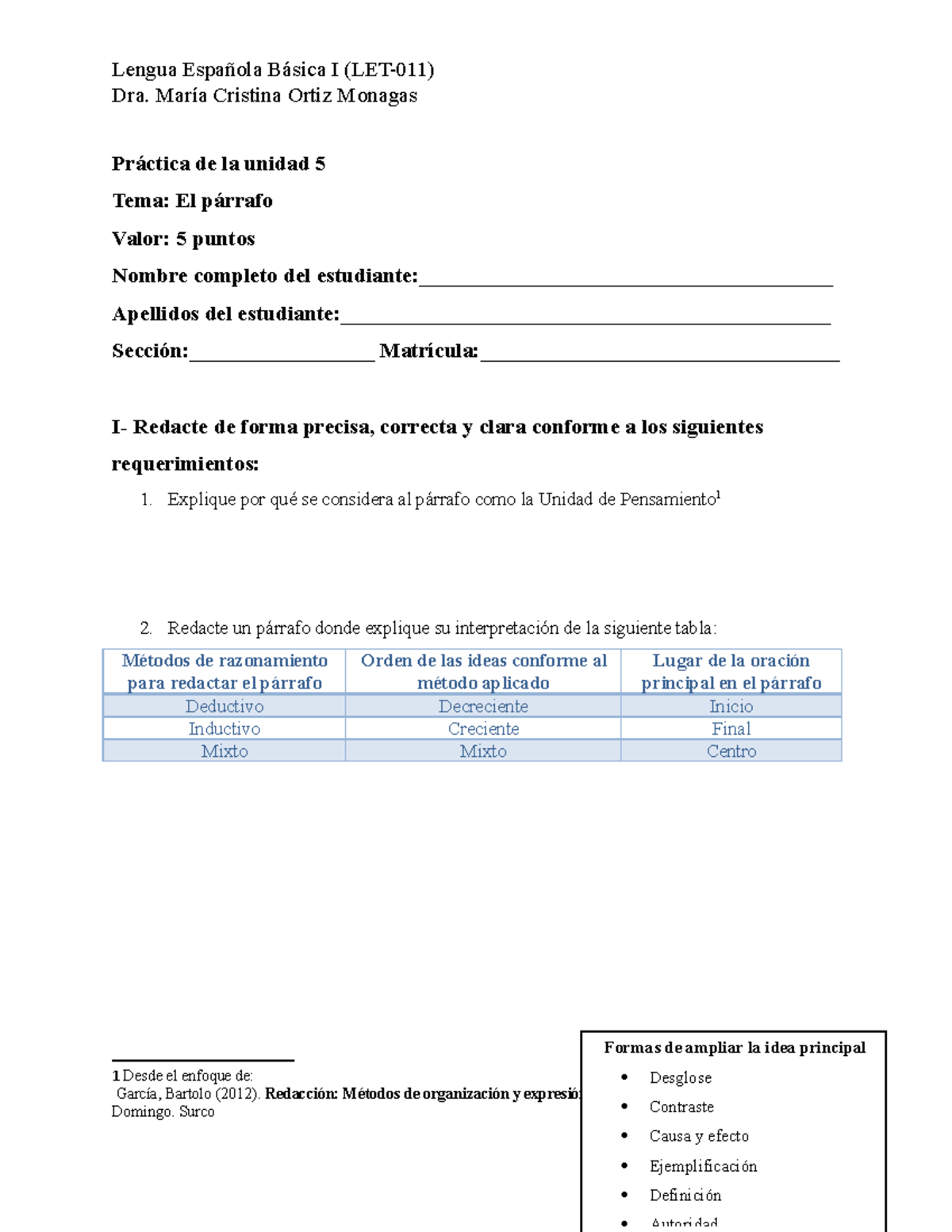 Práctica de la Unidad 5 sobre el párrafo. docx - Dra. María Cristina ...