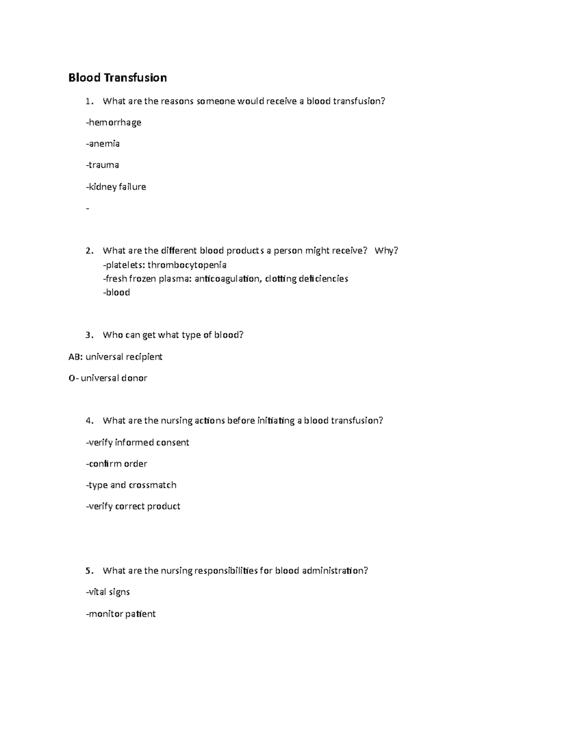 Blood Administration Questions - Blood Transfusion What are the reasons ...