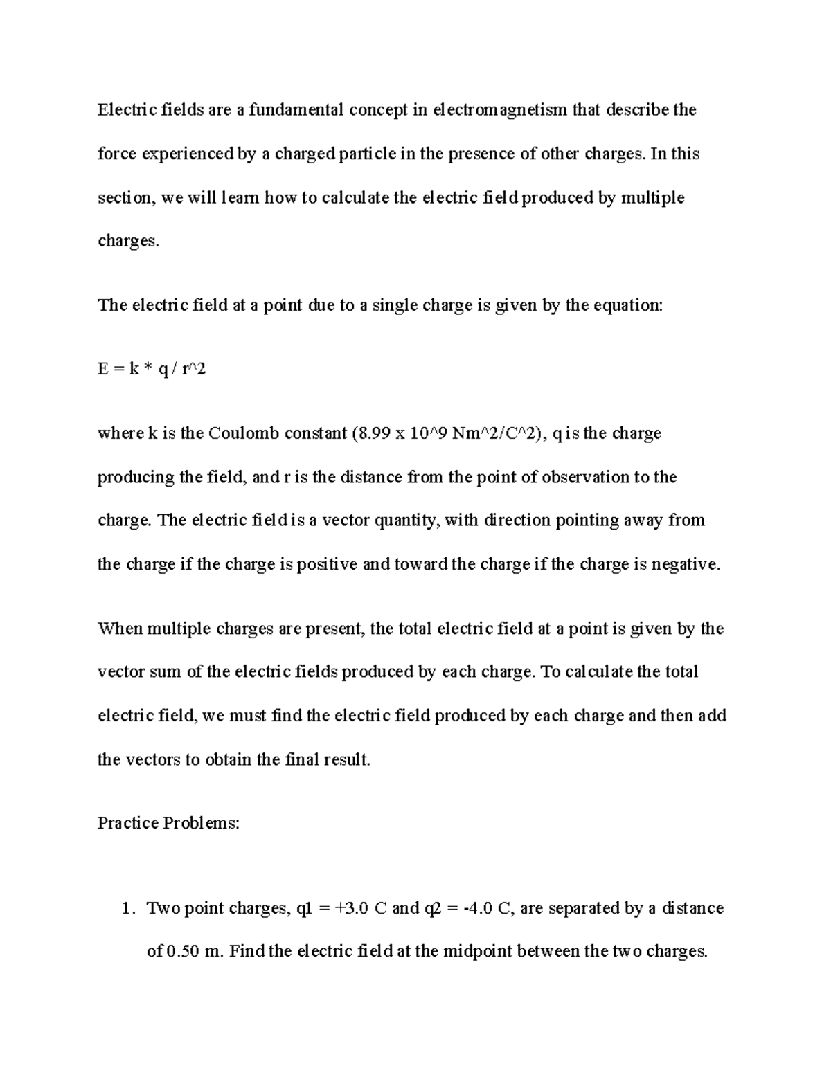 Calculating electric Fields Notes Practice Problems - Electric fields ...