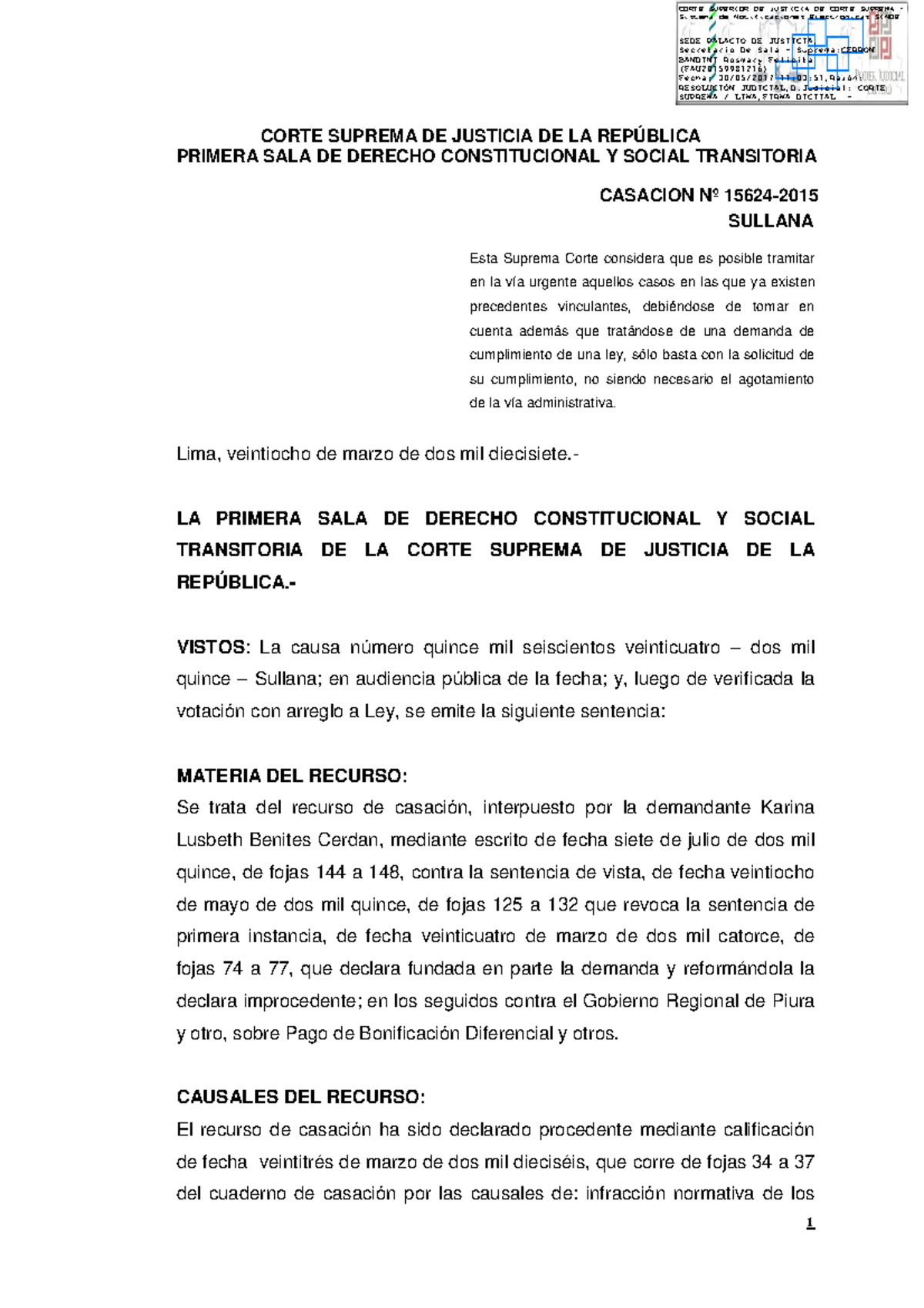 27102904 - PRIMERA SALA DE DERECHO CONSTITUCIONAL Y SOCIAL TRANSITORIA CASACION Nº 15624 ...