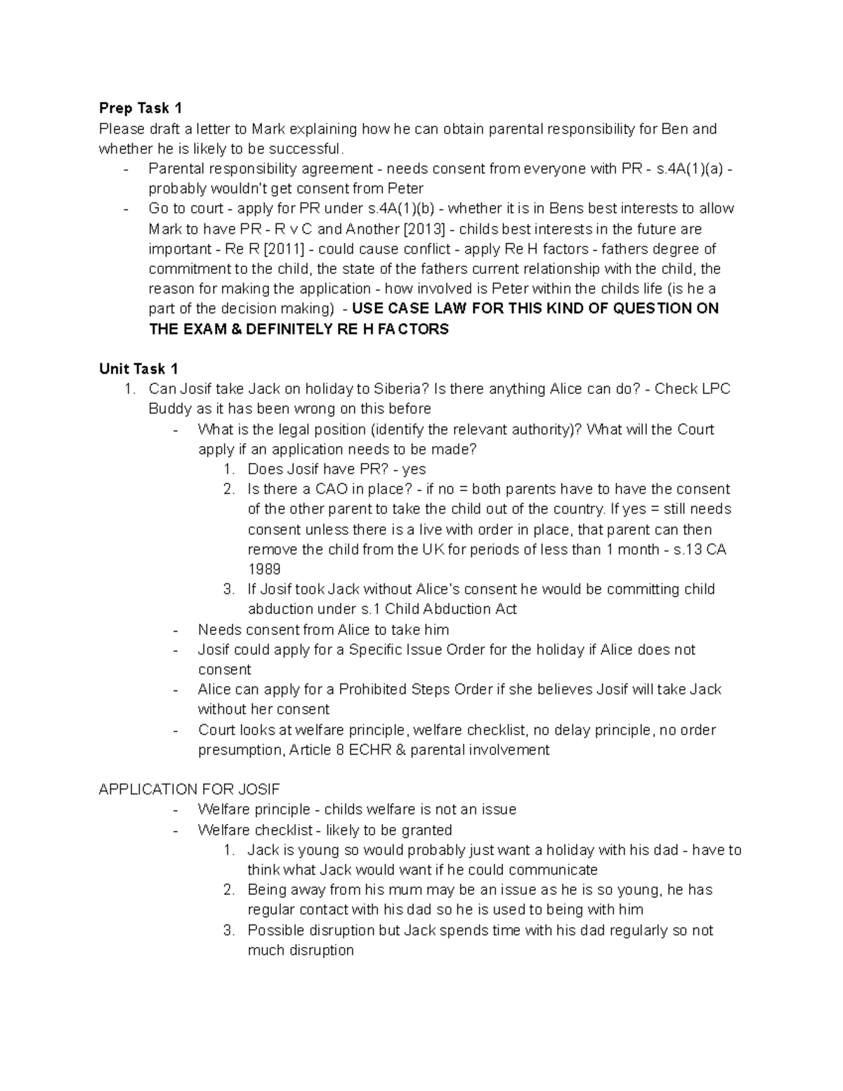 Family Law Workshop 9: Parental Responsibility & Child Abduction - Prep Task 1 Please draft a ...