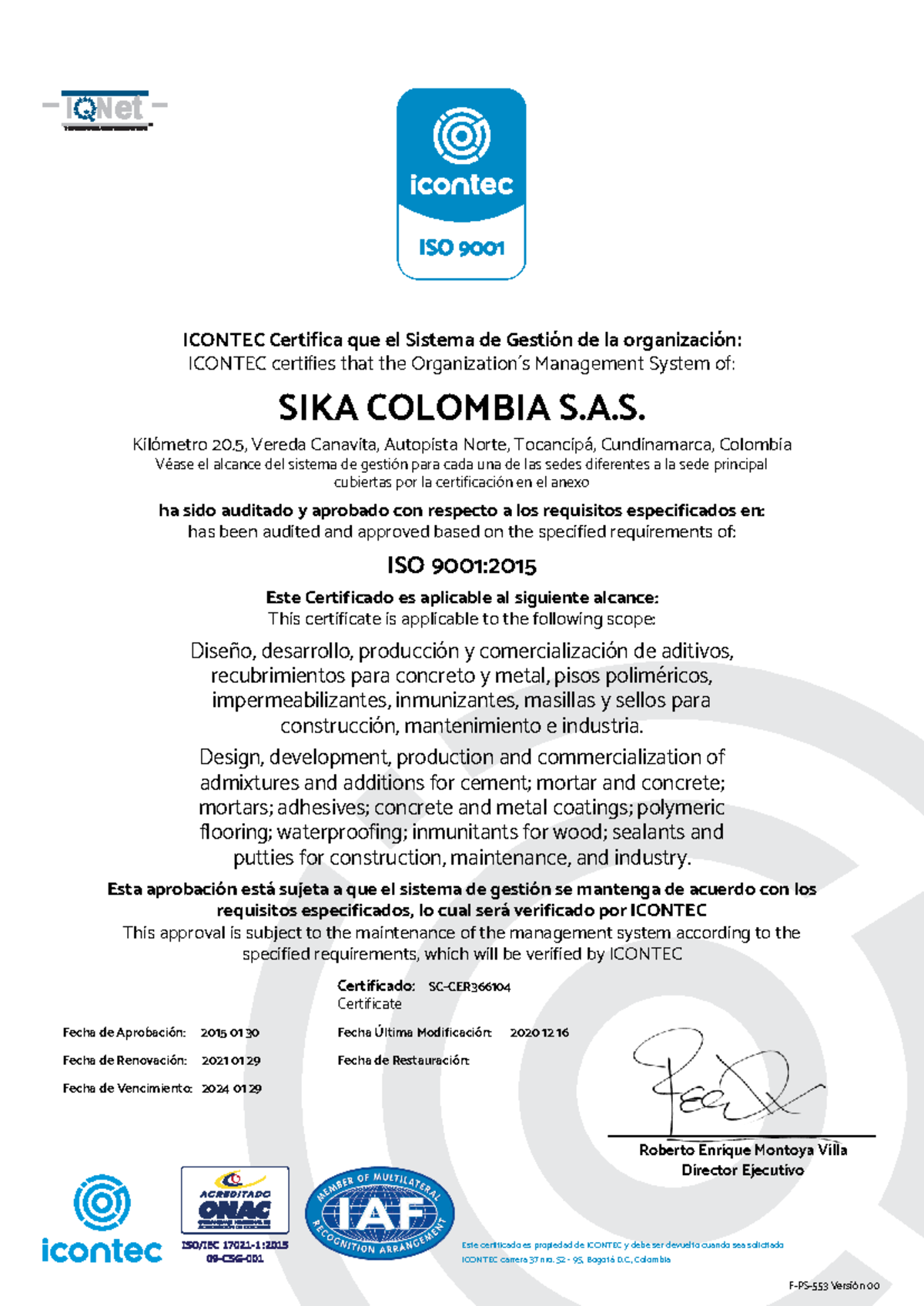 Certificado SIKA Colombia S.A.S. ISO 9001-2015 - Este certificado es ...