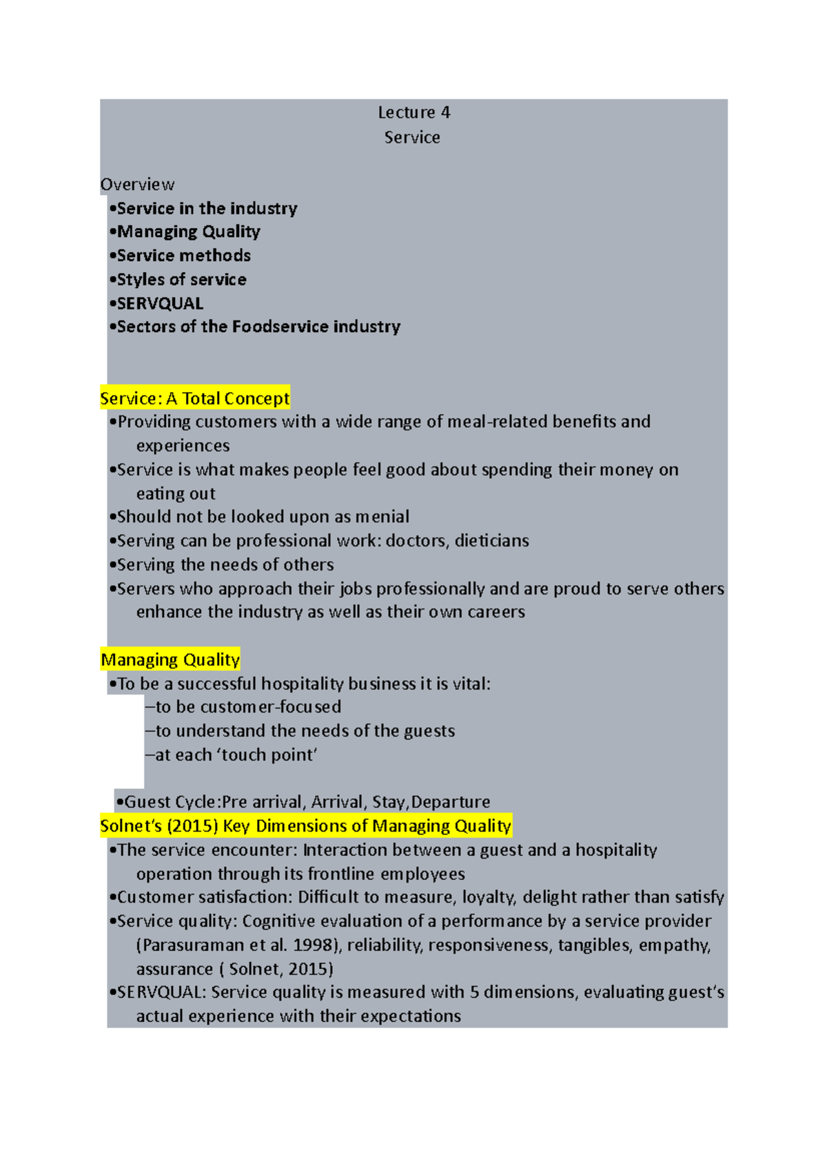 The service of hospitality - Lecture 4 Service Overview - Service in ...