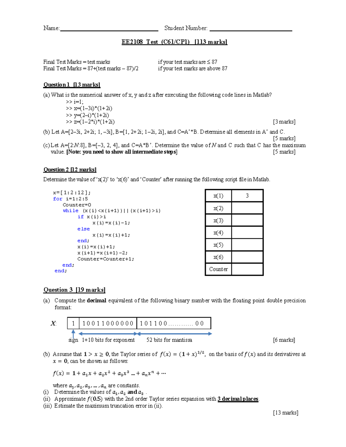Test C61 solutions - Name: Student Number: EE2108 Test (C61/CP1) [113 ...