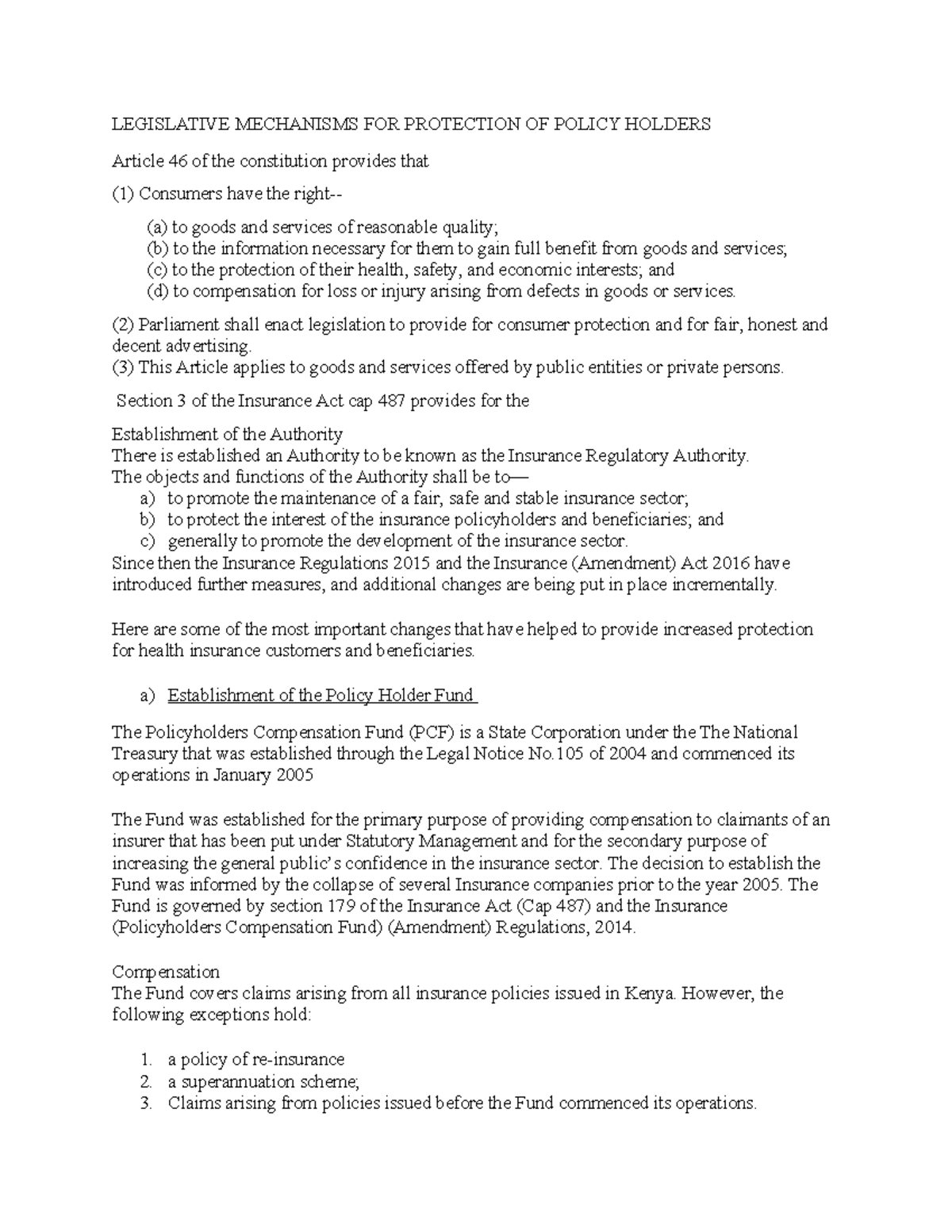 Legislative Mechanisms FOR Protection OF Policy Holders - LEGISLATIVE ...