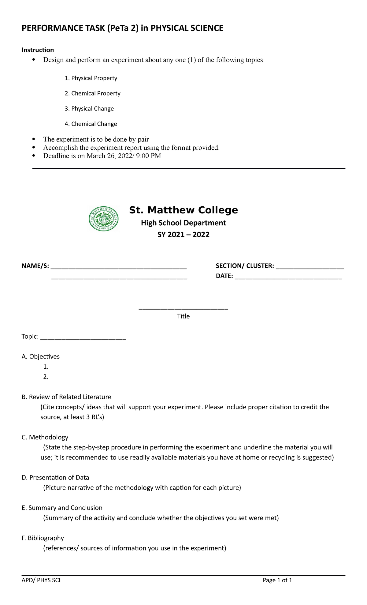 Activity #4- Properties OF Matter - PERFORMANCE TASK (PeTa 2) in ...