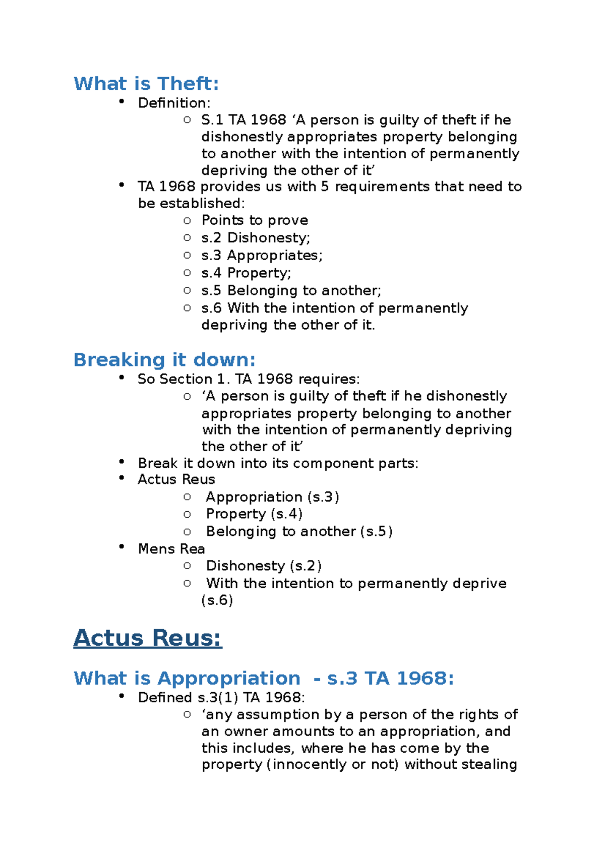 Theft - What is Theft: Definition: o S TA 1968 ‘A person is guilty of ...