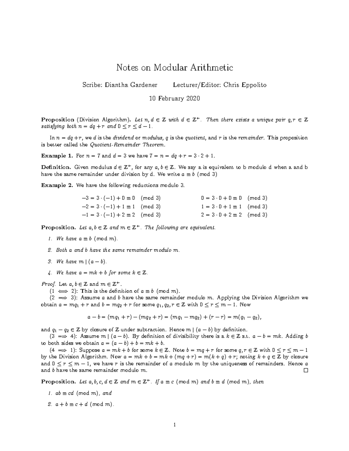 Notes Modular Arithmetic Math314 01 S20 Notes On Modular Arithmetic