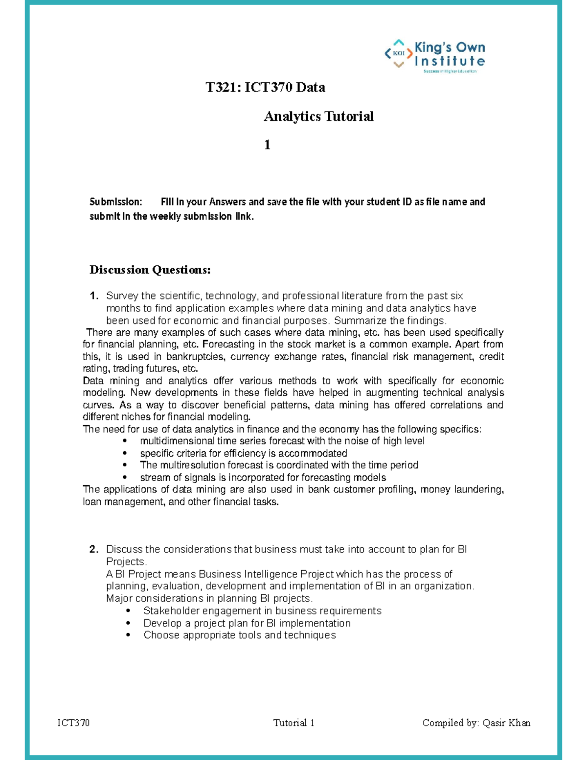 12001 167 Tutorial 1 WEEK 2 ICT370 - T321: ICT370 Data Analytics Tutorial 1 Submission: Fill in ...