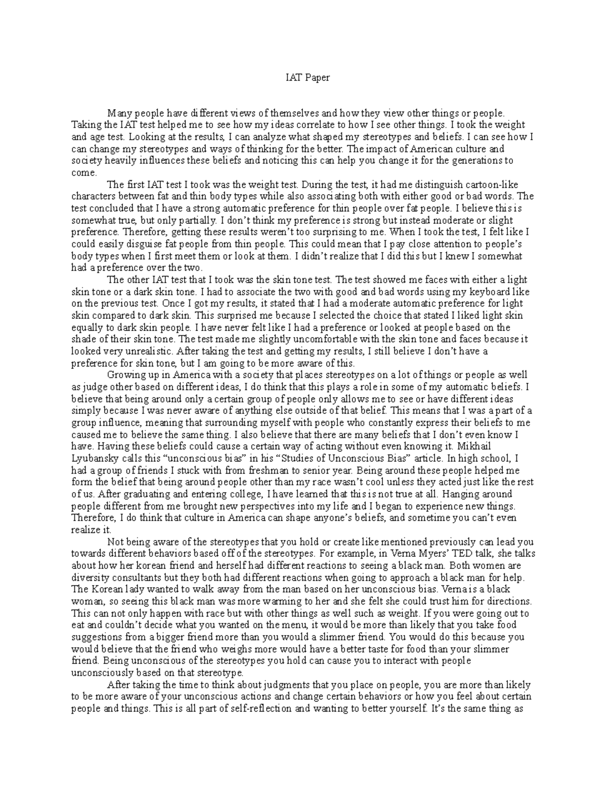 IAT PY 101 - Implicit Association Test Essay for PY 101 - IAT Paper ...