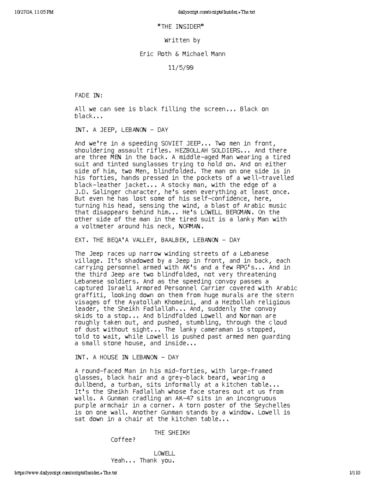 The Insider transcript - "THE INSIDER" Written by Eric Roth & Michael ...