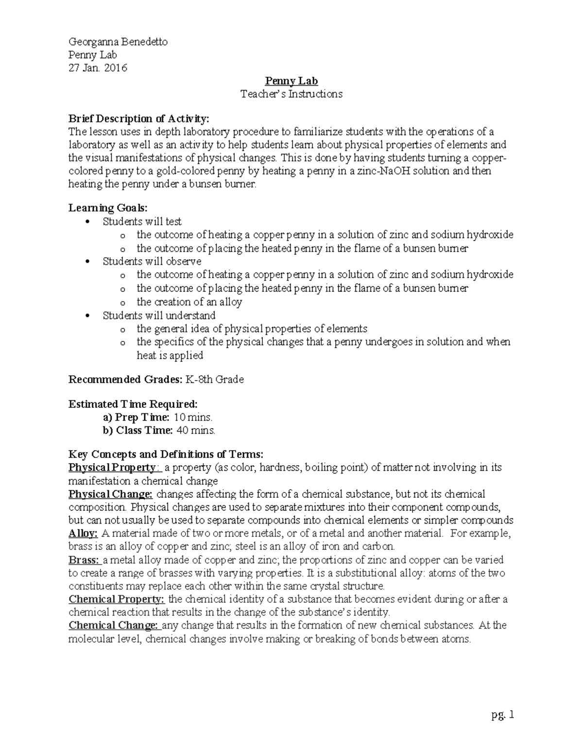 Penny-Lab1 - Penny Lab 27 Jan. 2016 Penny Lab Teacher’s Instructions ...