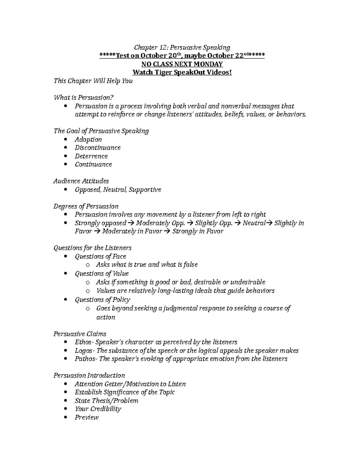 Chapter 12 Notes - Intro To Human Com - Chapter 12: Persuasive Speaking ...