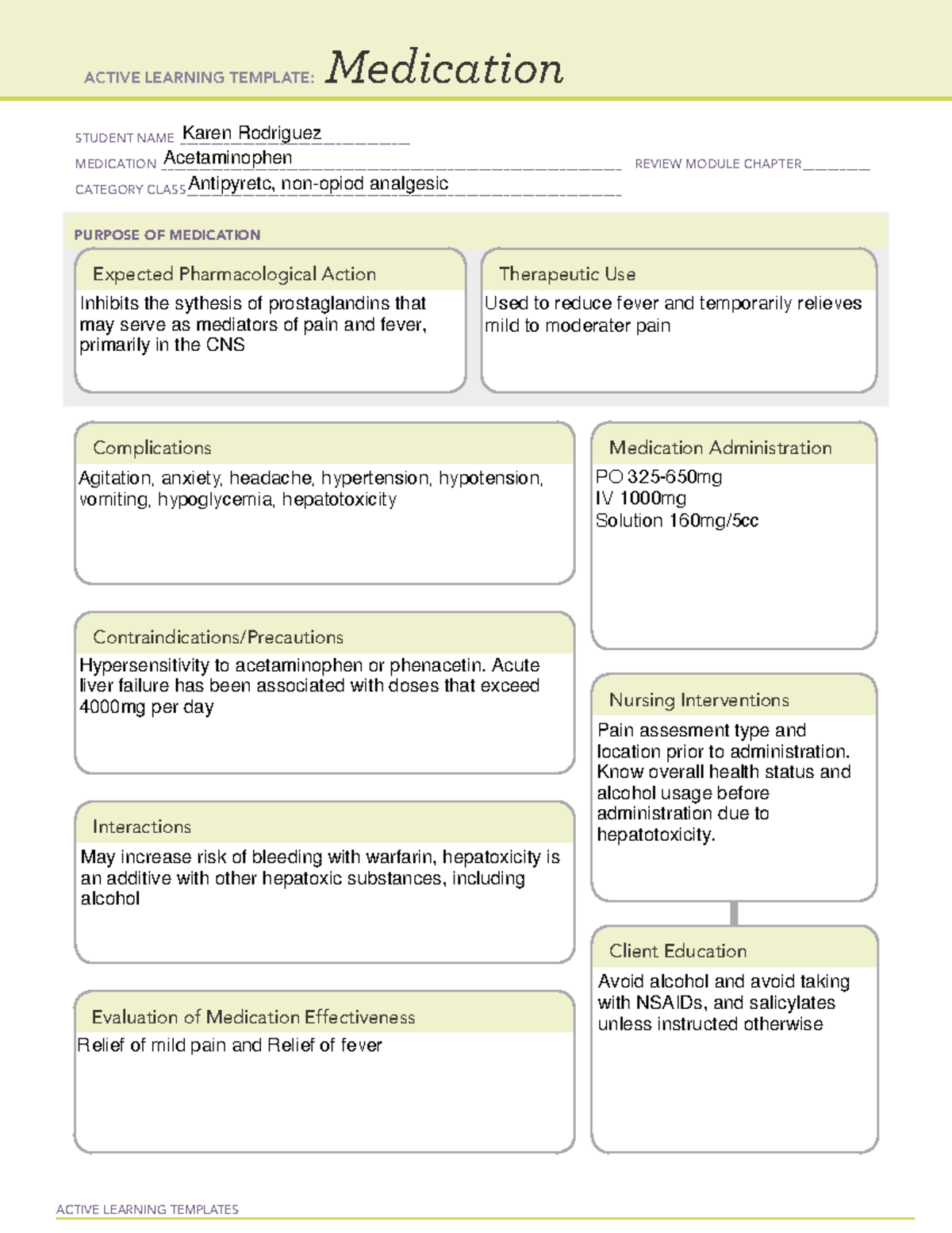 Acetaminophen medcard - ACTIVE LEARNING TEMPLATES Medication STUDENT ...