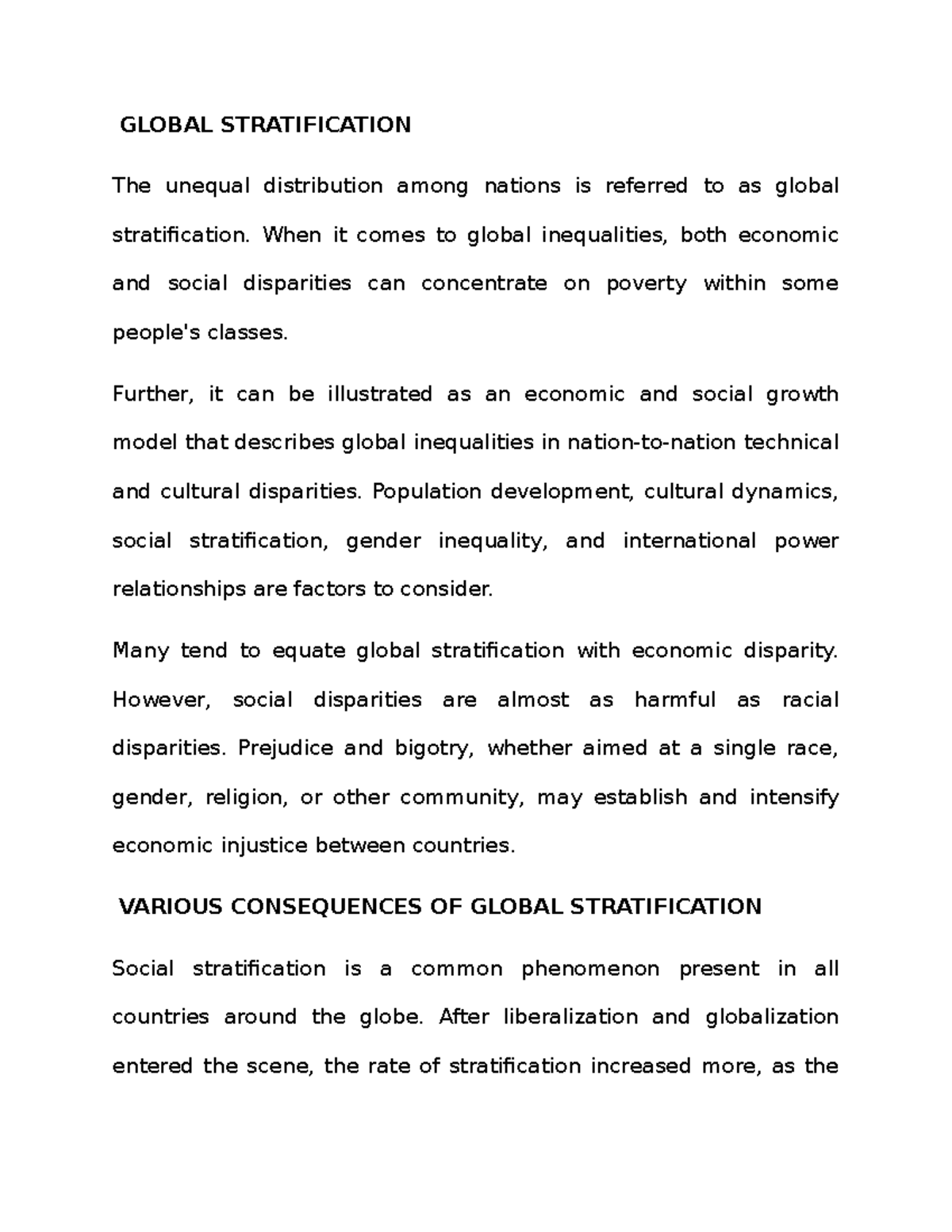 Global Stratification - GLOBAL STRATIFICATION The unequal distribution ...