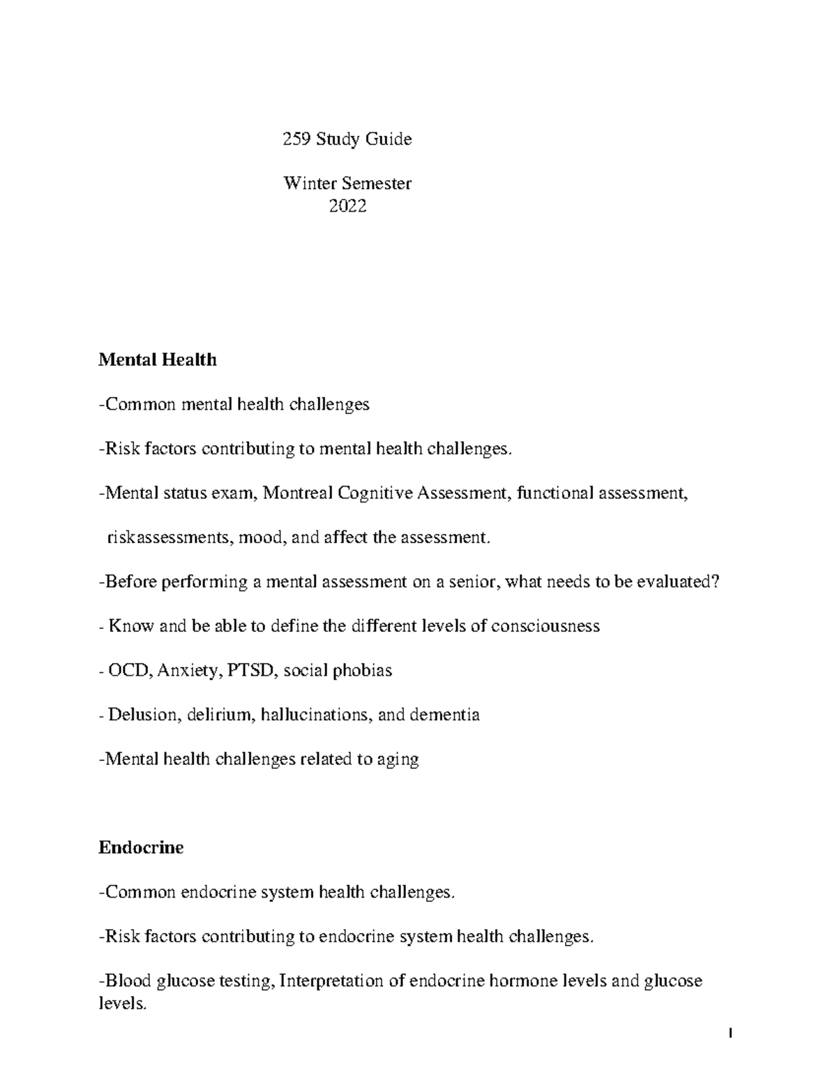 Mental Health 259 Study Guide - 259 Study Guide Winter Semester 2022 ...