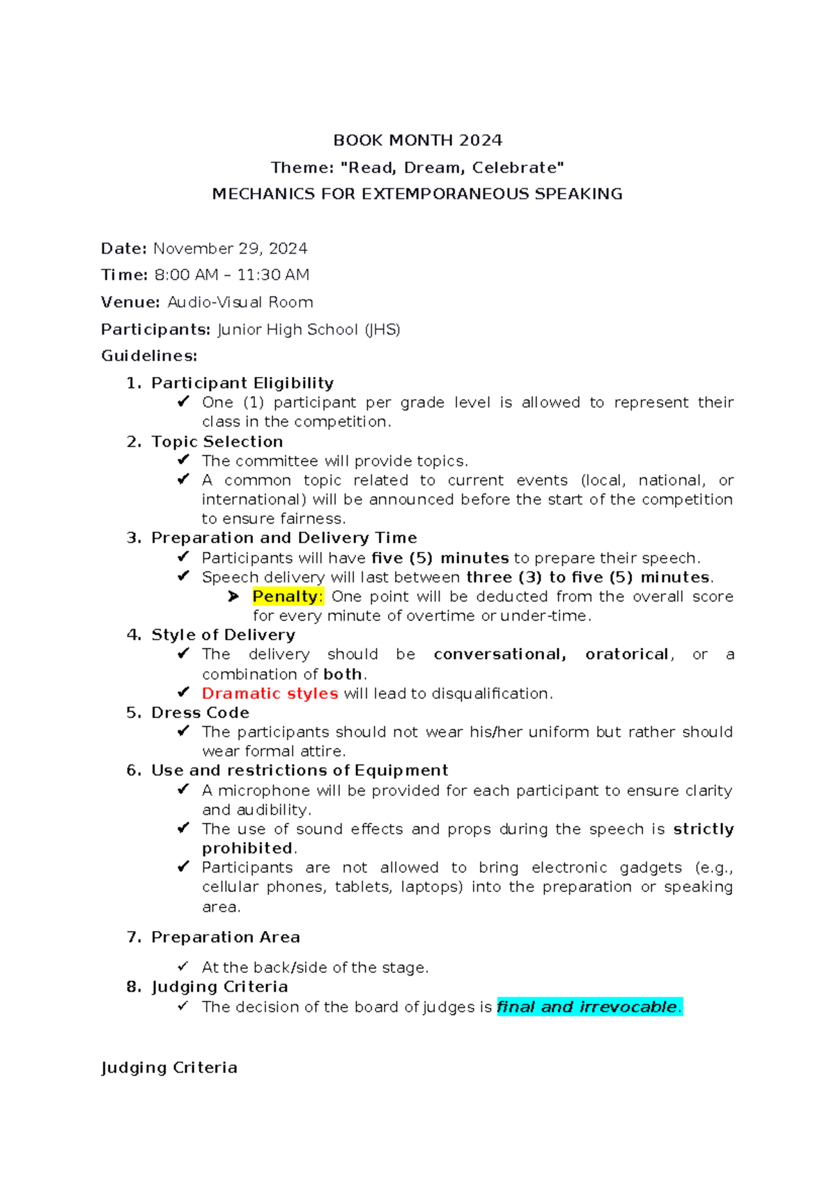 Mechanics-Extemporaneous Speaking - BOOK MONTH 2024 Theme: "Read, Dream ...