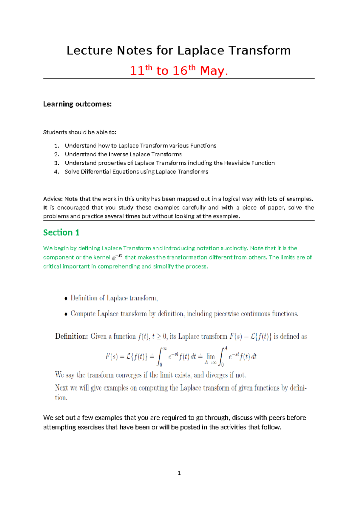 Laplace Transformation - Lecture Notes for Laplace Transform 11 th to ...