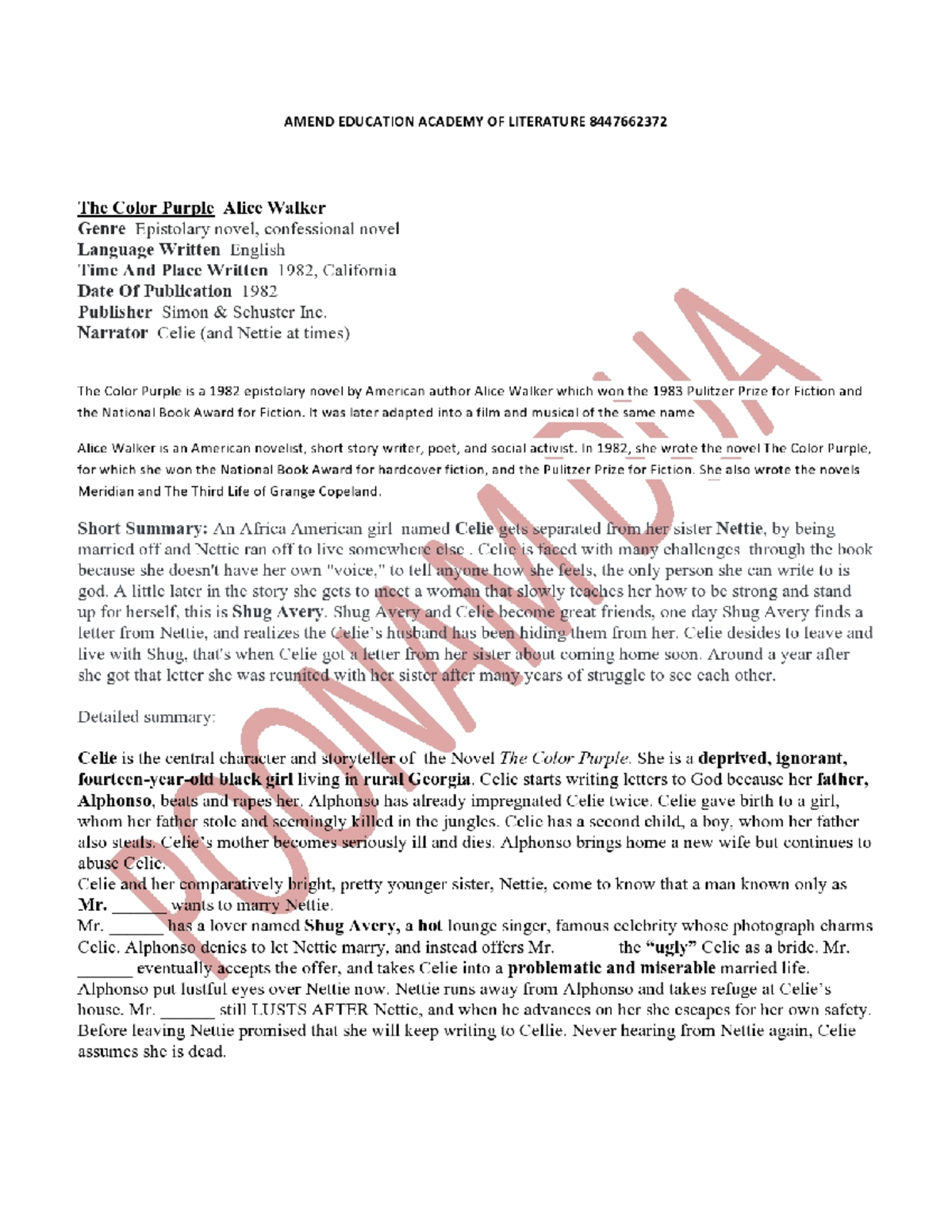 The Color Purple Alice Walker - Studocu