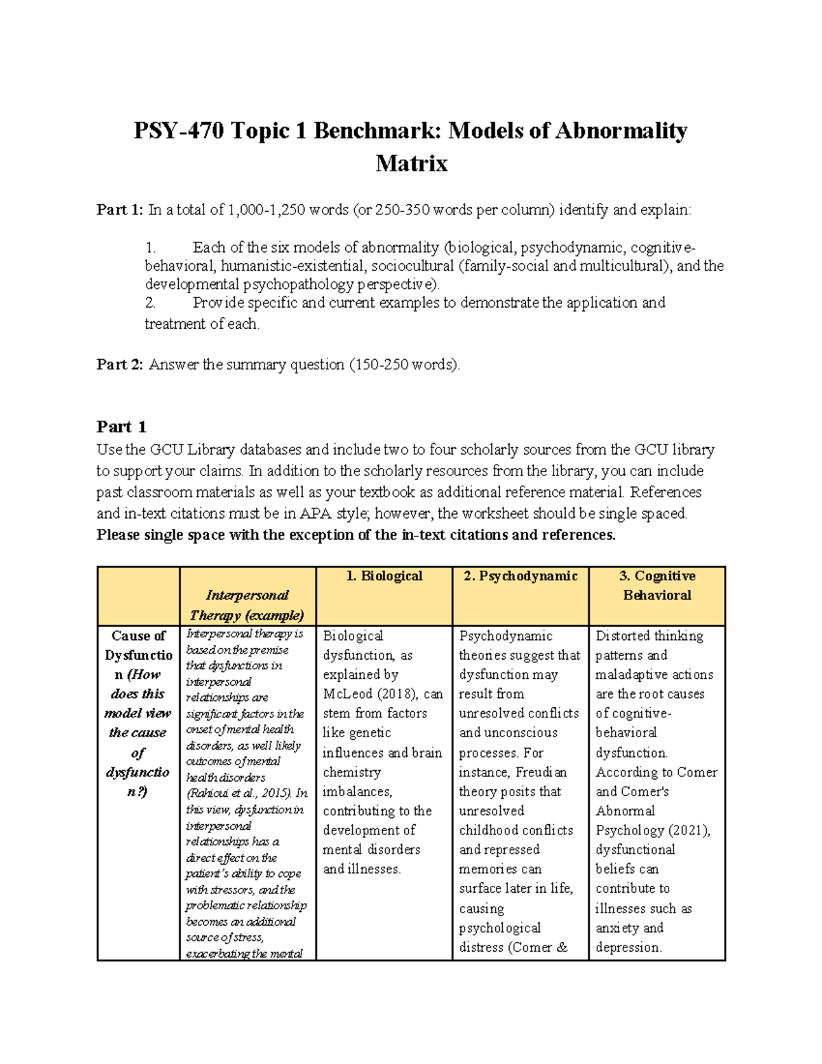 PSY-470 Topic 1 Benchmark Models of Abnormality Matrix - Each of the ...