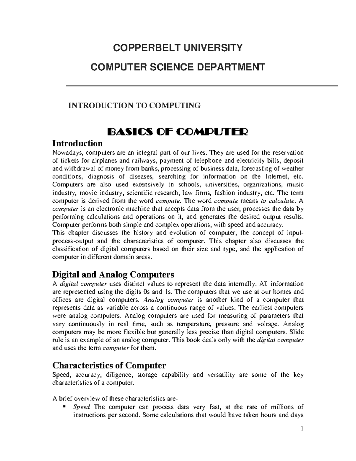 UNIT 1 - Basics of Computer - COPPERBELT UNIVERSITY COMPUTER SCIENCE ...