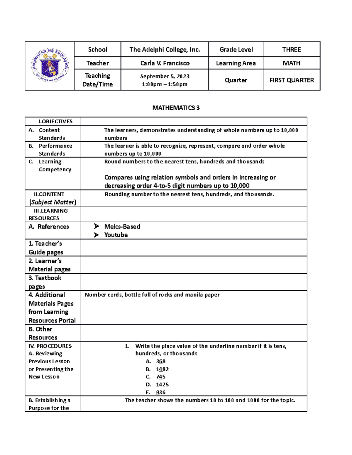 MATH 3 Carla - Math learning - School The Adelphi College, Inc. Grade ...