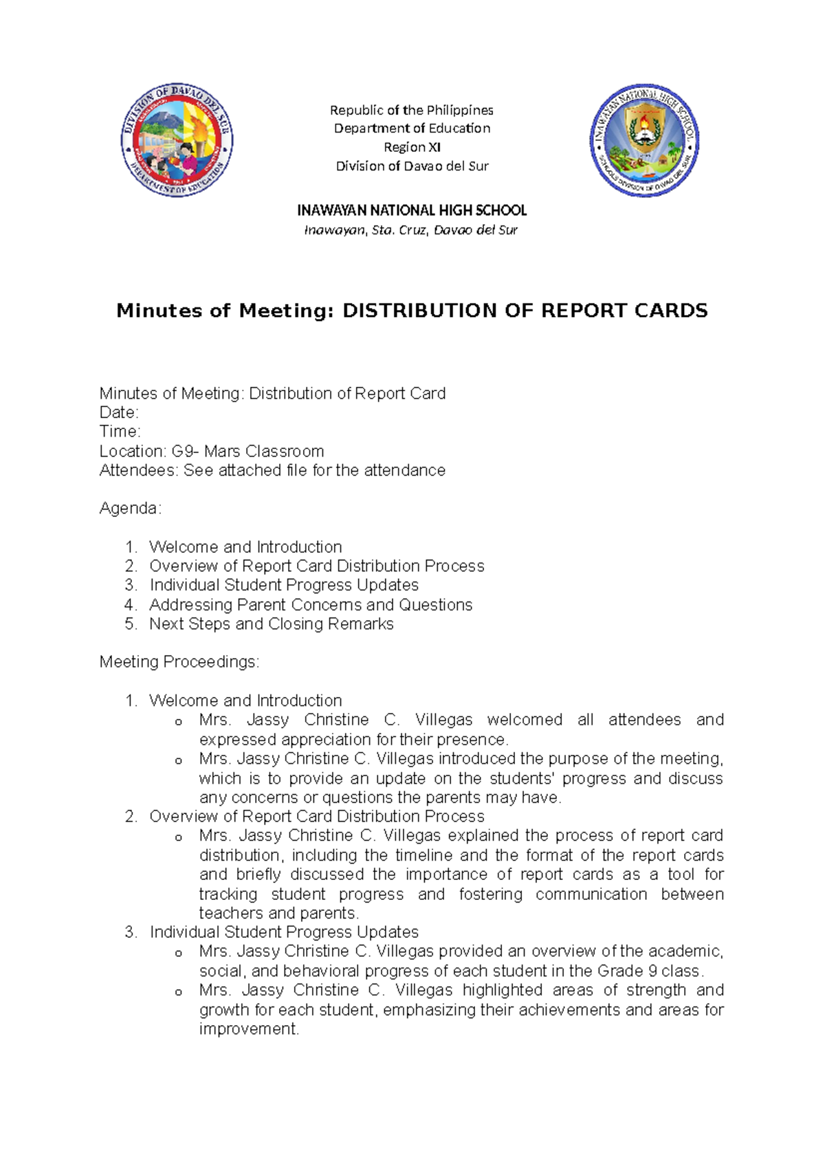 Minutes Distribution - N/A - Republic of the Philippines Department of ...