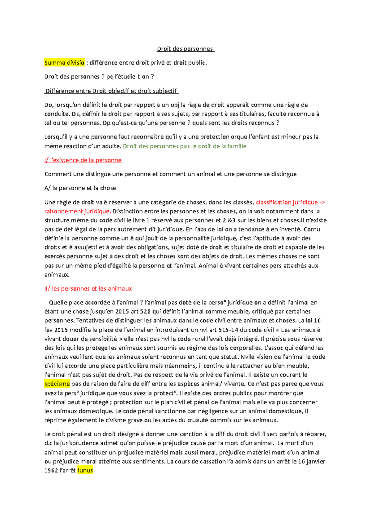 Droit des personnes - cours - Droit des personnes Summa divisio ...
