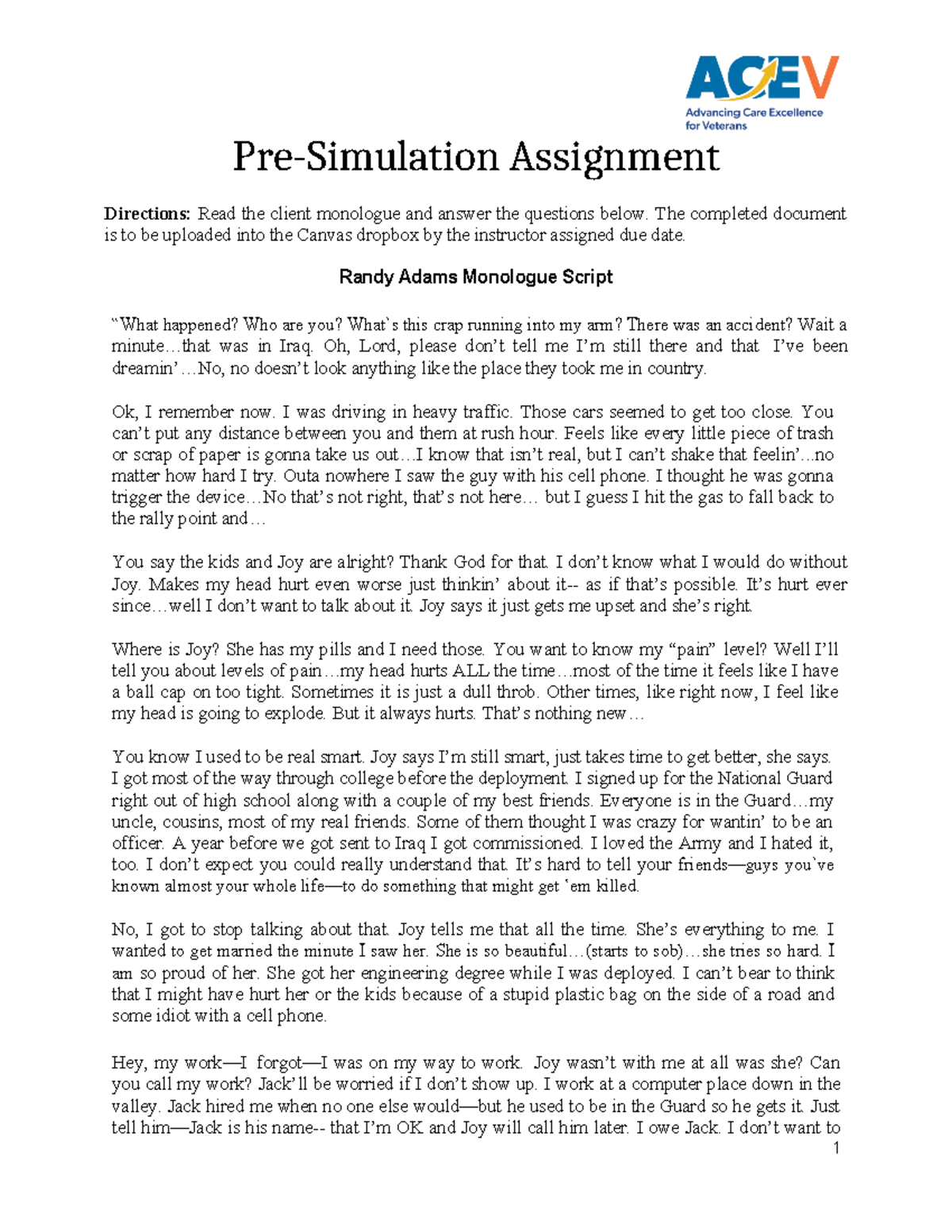 Randy Adams Pre-Simulation Assignment - Pre-Simulation Assignment Directions: Read the client ...
