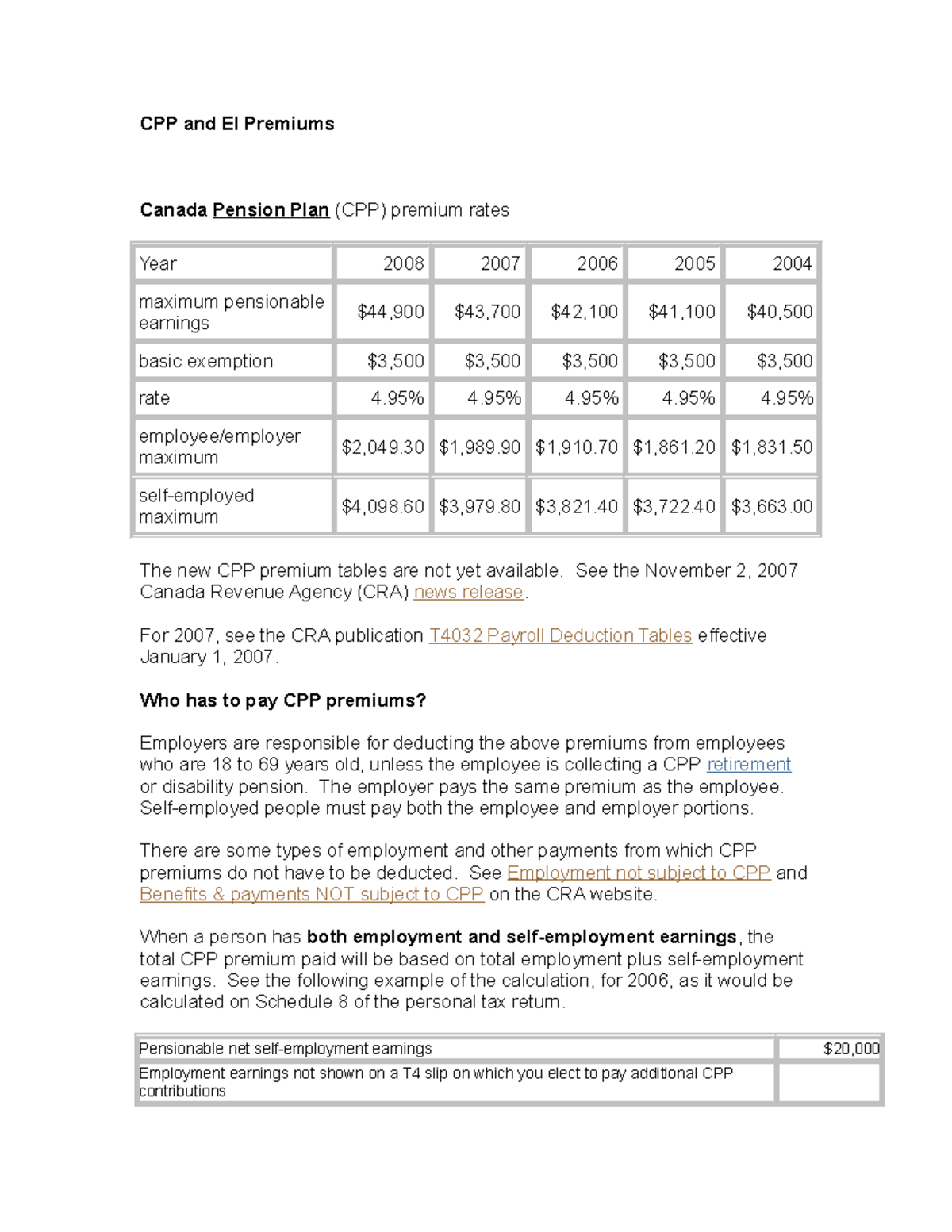 CPP and EI - class practical - CPP and EI Premiums Canada Pension Plan ...